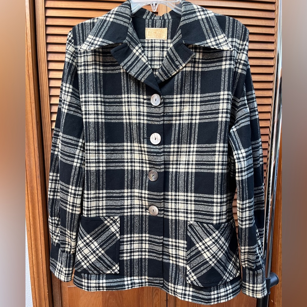 1950s Wool Pendleton Black And Beige Plaid 49er Jacke… - Gem